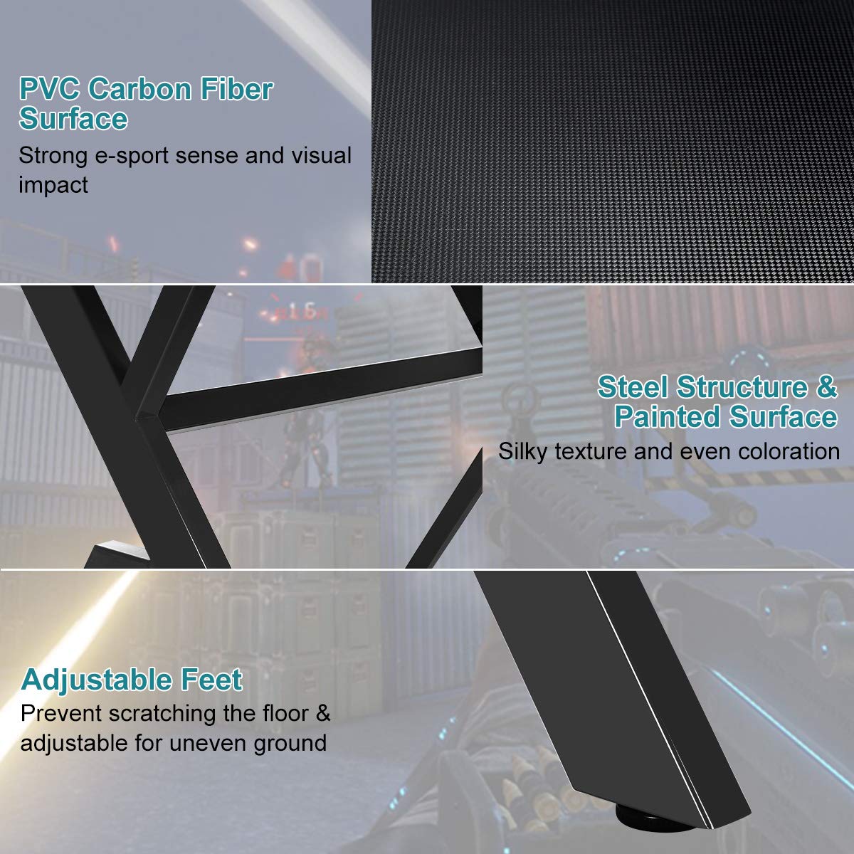 Tangkula Computer Desk Gaming Desk, Ergonomic E-Sports Desk with Cup & Headphone Holder and Mouse Pad, Gamer Workstation with Carbon Fiber Surface and X-Shape Steel Frame, Home Office Desk (Black)