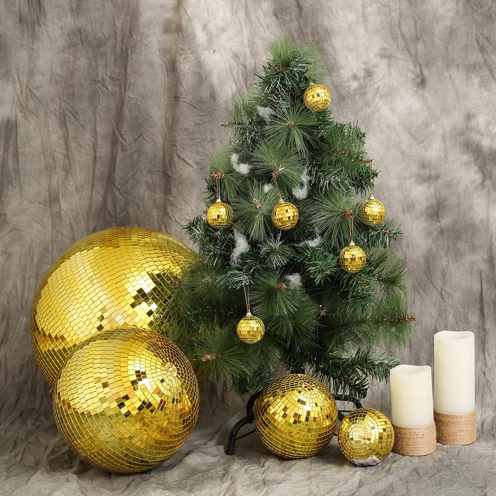 TABLECLOTHSFACTORY 4 Pcs 4" Gold Glass Mirror Disco Ball with Hanging String Christmas Ornaments