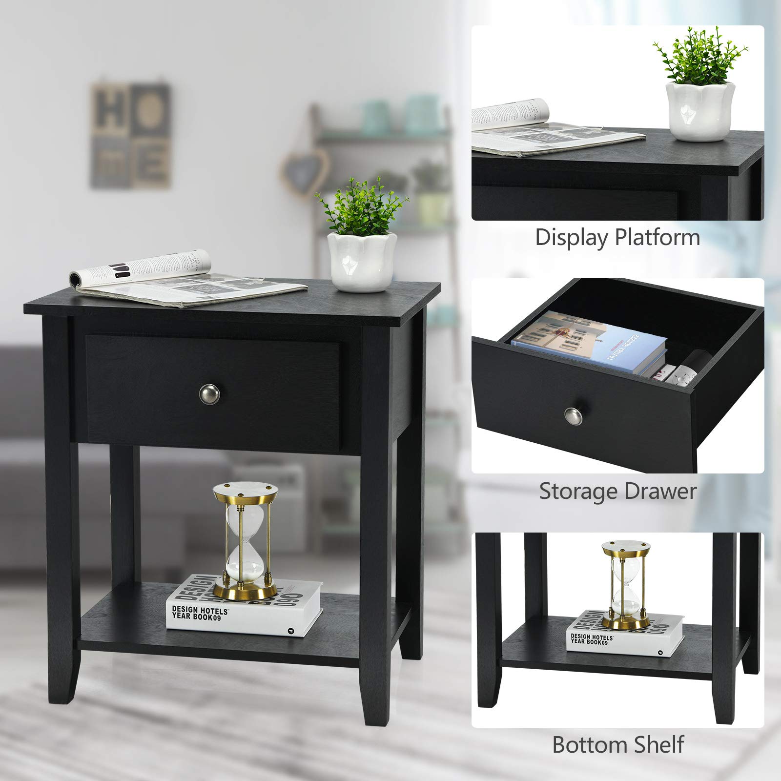 Tangkula End Table with Drawer, Nightstand w/Drawer and Storage Shelf, Beside Sofa Table for Home Bedroom Living Room, Chest Sofa Side Bedside Storage End Table, Accent Table with Open Shelf