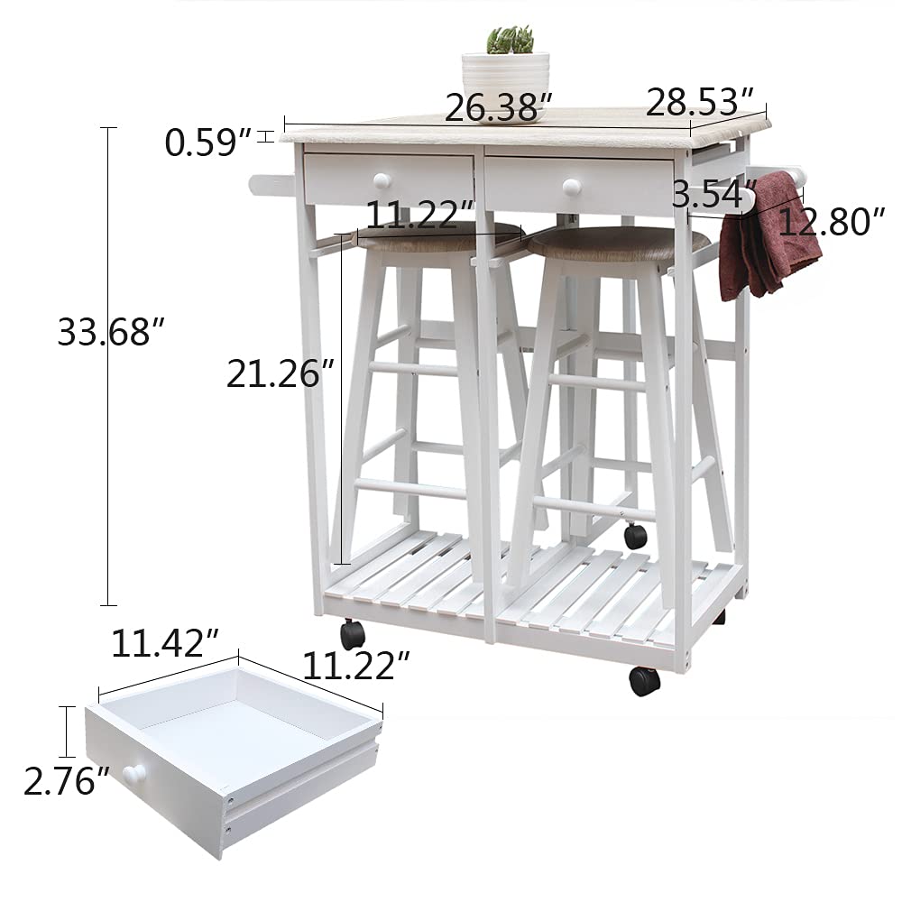 UDeuxff Bar Table and Chairs Set,Solid Wood Folding Dining Cart with 2 Free Stools for 2,Kitchen,Small Spaces (B)