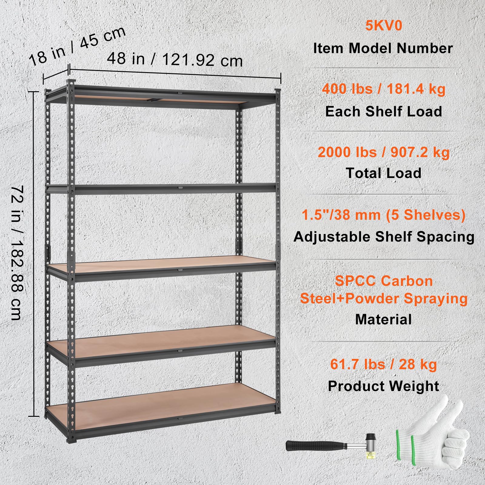VEVOR Storage Shelving Unit, 5-Tier Adjustable, 2000 lbs Capacity, Heavy Duty Garage Shelves Metal Organizer Utility Rack, Black, 48" L x 18" W x 72" H for Kitchen Pantry Basement Bathroom Laundry