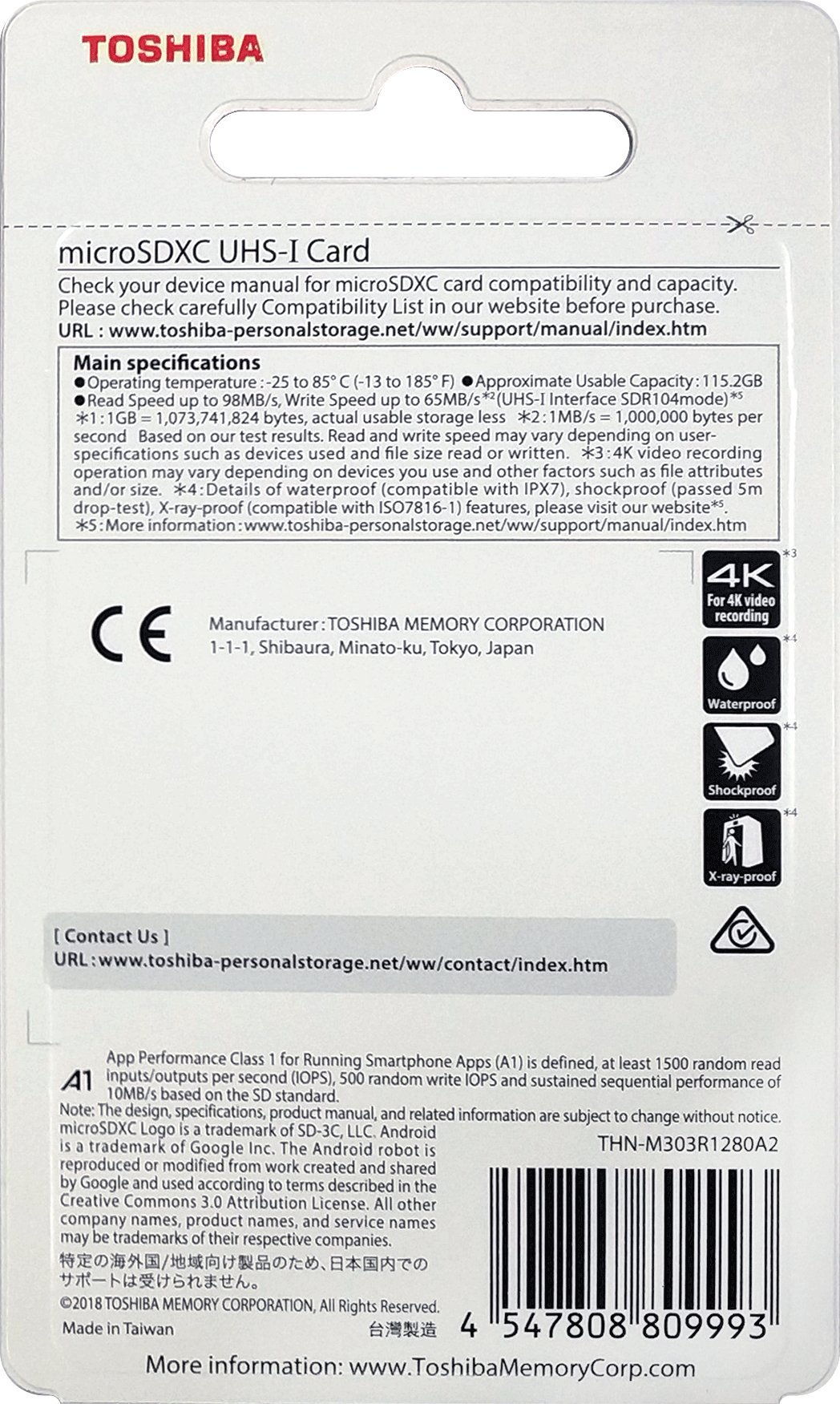 Toshiba 128GB 128G EXCERIA M303 with SD Adapter microSDXC UHS-I U3 Card 4K Class10 V30 A1 microSD micro SD Card Memory Card Read 98MB/s Write 65MB/s ( THN-M303R1280A2 )