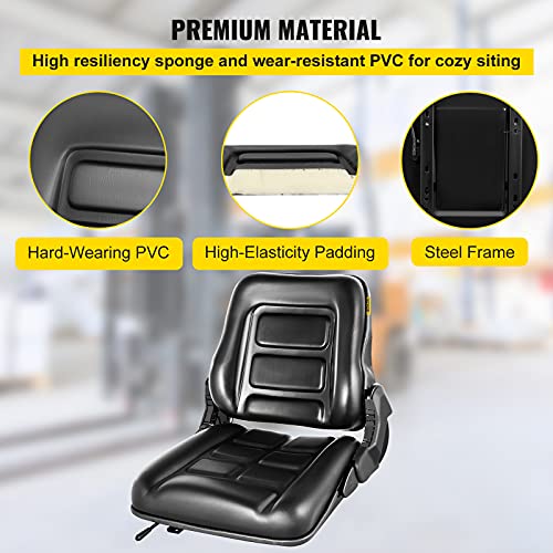 VEVOR Universal Forklift Seat, Black PVC Tractor Seat, 6"/150MM Adjustable Mower Seat, Foldable Seat Including Seat Switch, 18.5" x 20" x 18" Skid Steer Seat, Fit Forklift, Tractor, Skid Loader