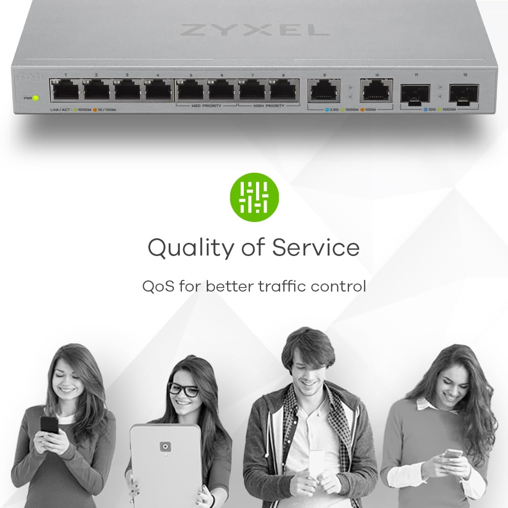 Zyxel 12-Port Multi-Gigabit Ethernet Unmanaged Switch | 2 x 2.5G | 2 x 10G SFP+ Fiber | 8 x GbE Ports | Plug & Play | Desktop or Wall-Mount | Ethernet Splitter | Limited XGS1010-12