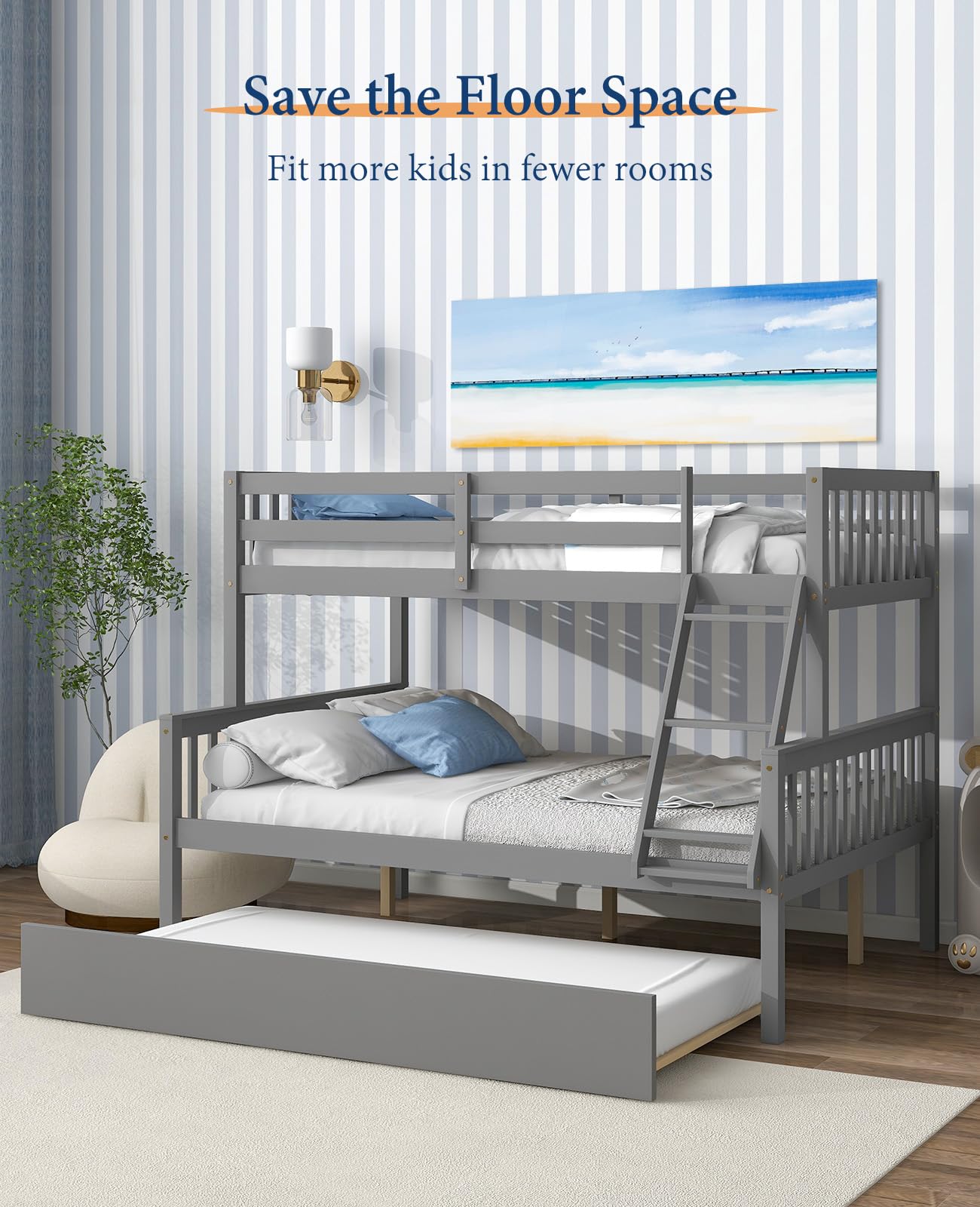 Tatub Twin Over Twin Bunk Bed with Trundle, Pine Wood Frame, Ladder and Guard Rails, Solid Bunk Bed with Trundle for Kids, Teens, Boys and Girls, No Box Spring Needed, White