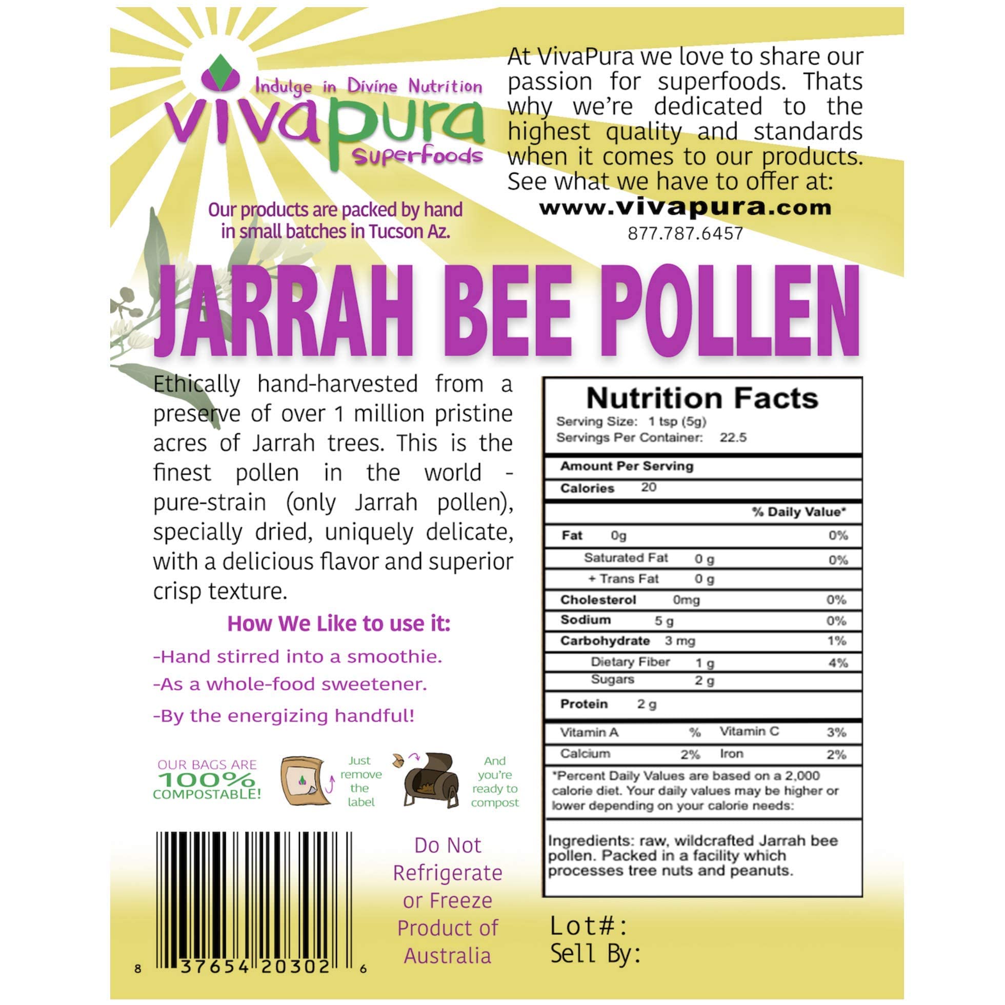 Vivapura Superfoods Jarrah Bee Pollen, 4oz Bag, Wildcrafted, Single Strain Pollen, Raw, Keto, Resealable Pouch (Pack of 1)