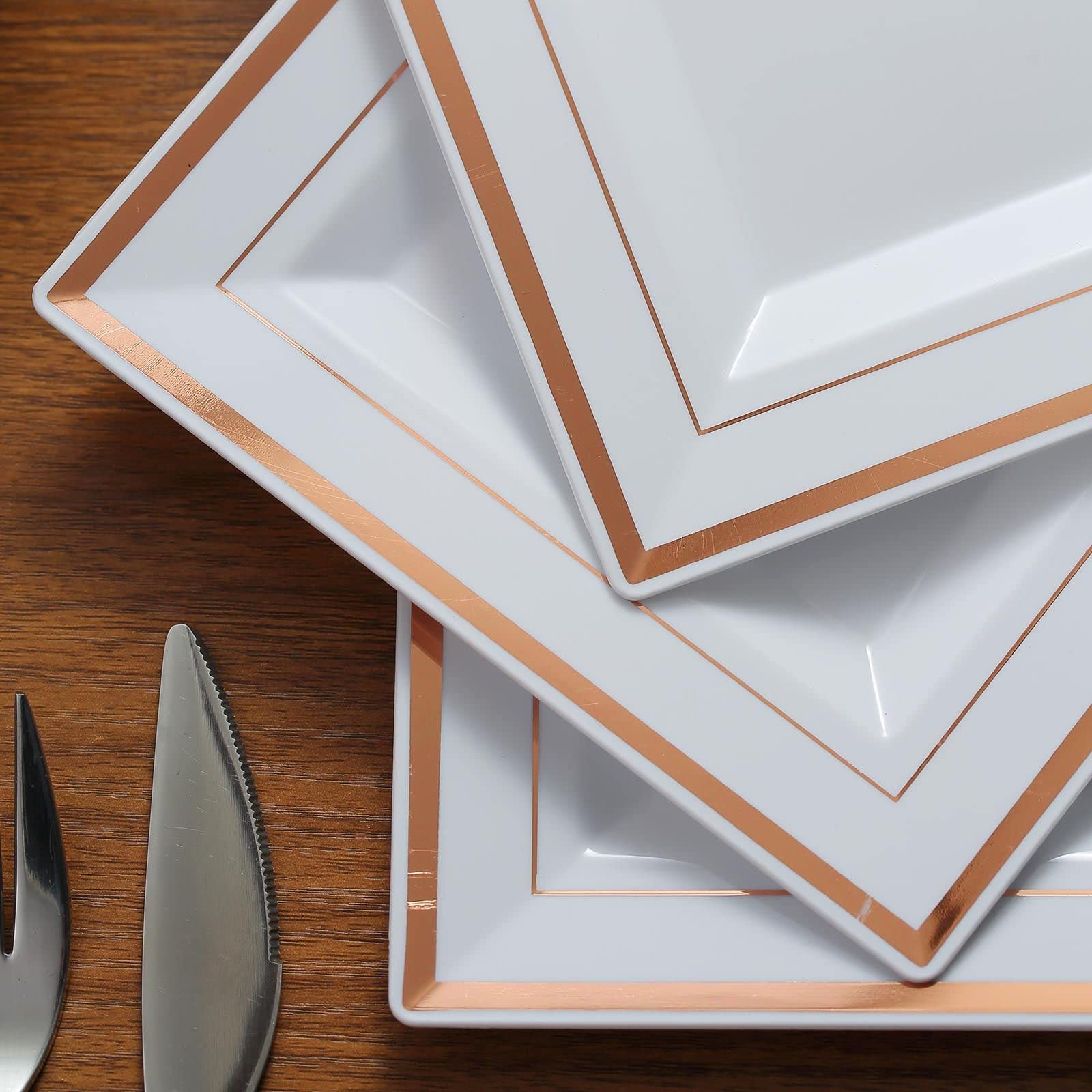 Tableclothsfactory 20 Pack 7" White Disposable Plates Square Plastic Plates Salad Dessert Plates With Shiny Rose Gold Rim For Weddings