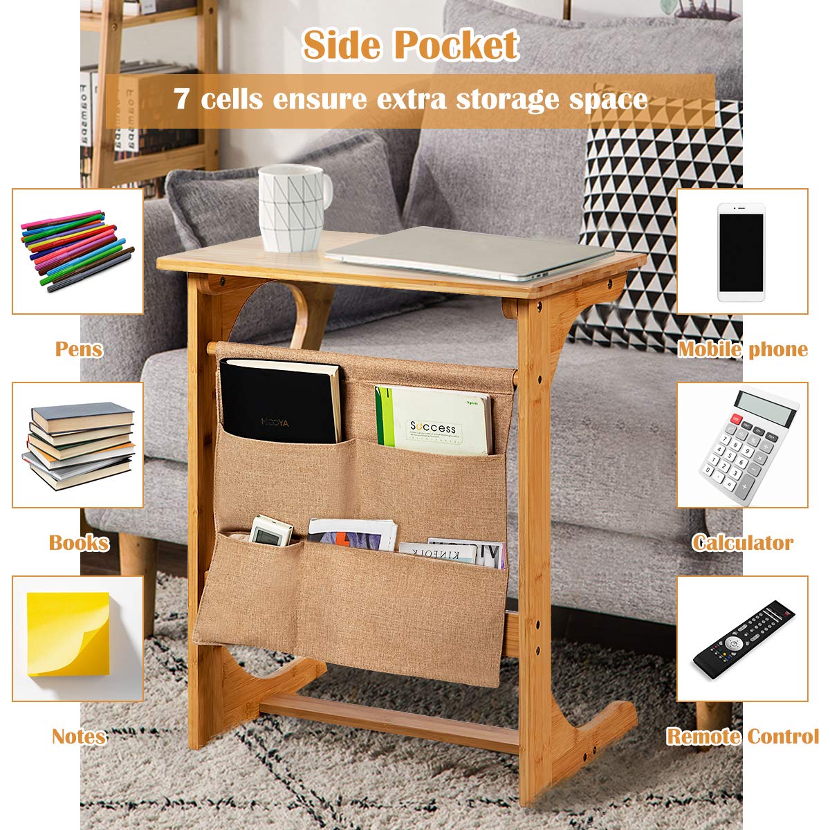 Tangkula Sofa Side Table, TV Tray Couch Snack Table Overbed Table, Laptop Desk End Table Modern Furniture for Home Office