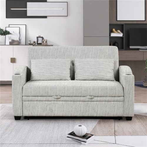 UXZDX 65" Pull Out Sofa Bed Chenille Convertible Loveseat Sofa with Adjsutable Backrest, Cup Holders, USB Portss