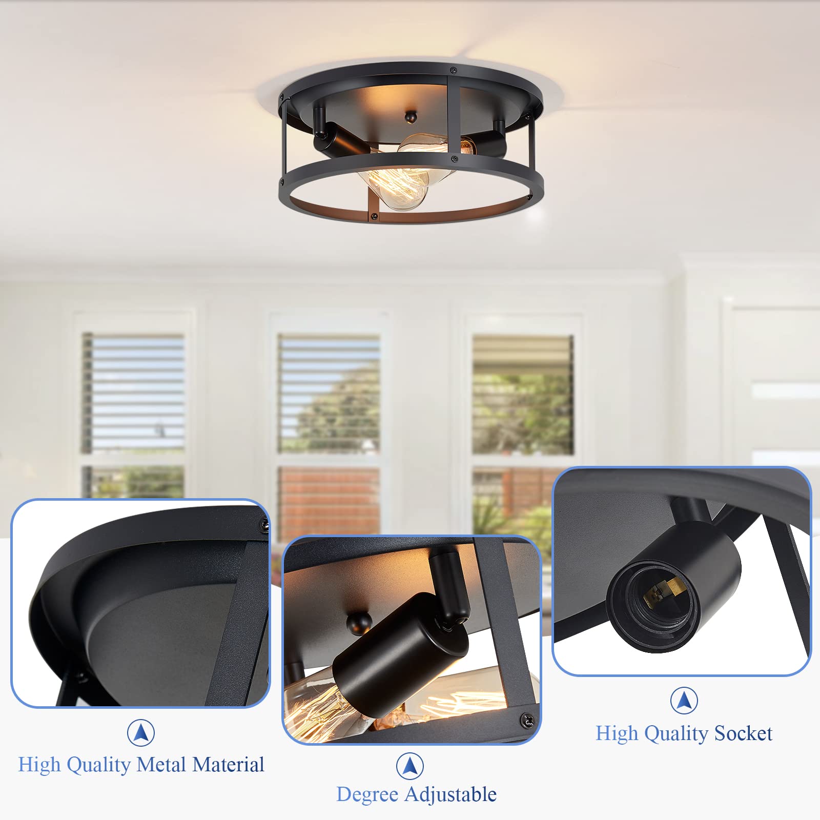XPEHK 2 Pack Flush Mount Ceiling Light,13 Inch Industrial Farmhouse Ceiling Light Fixture,2-Light Matte Black Flush Mount Light Fixture for Kitchen Dining Room Entryway Hallway,E26 Base