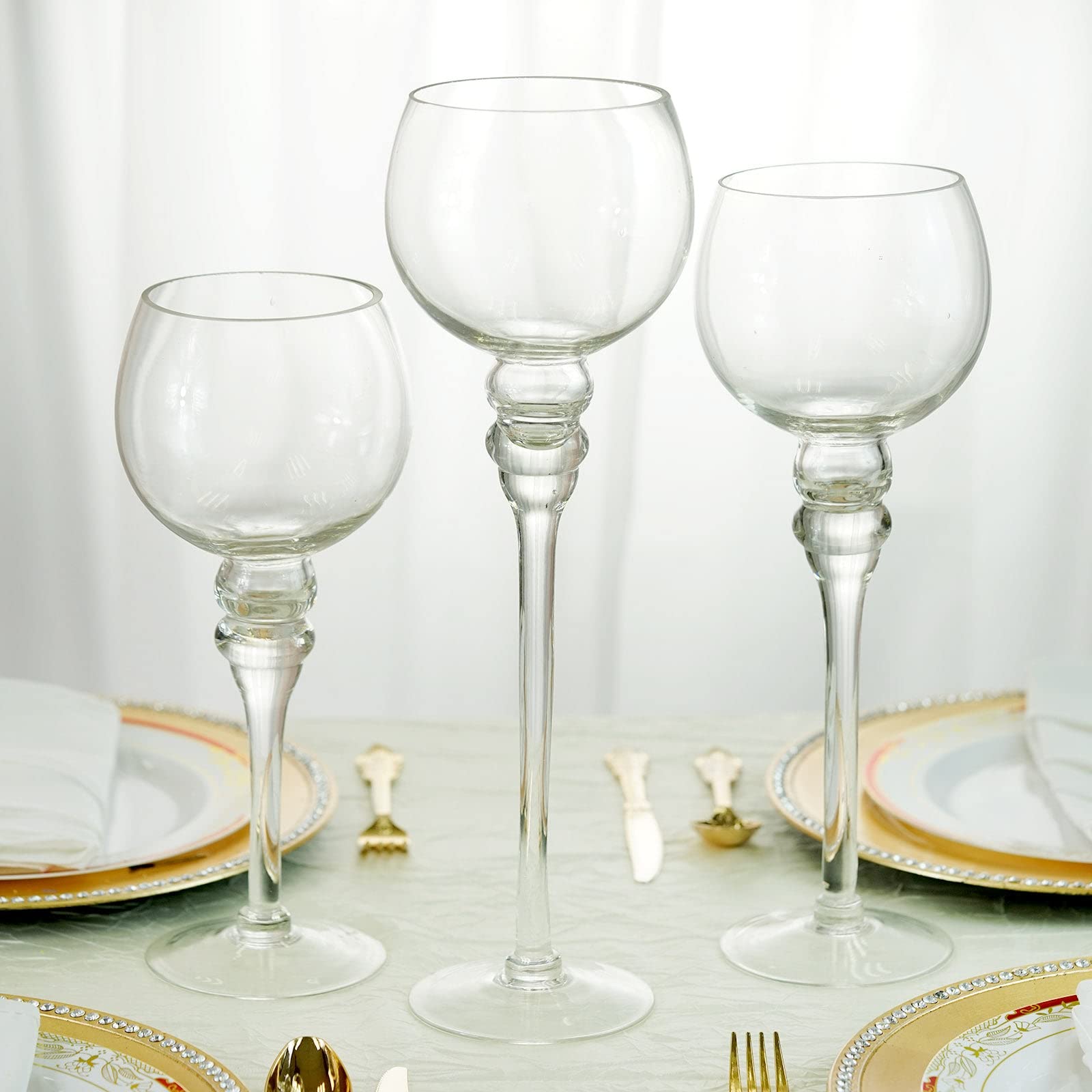 TABLECLOTHSFACTORY Set of 3 | Clear Long Stem Globe Glass Vase Tabletop Candle Holders Wedding Party Centerpiece Decoration