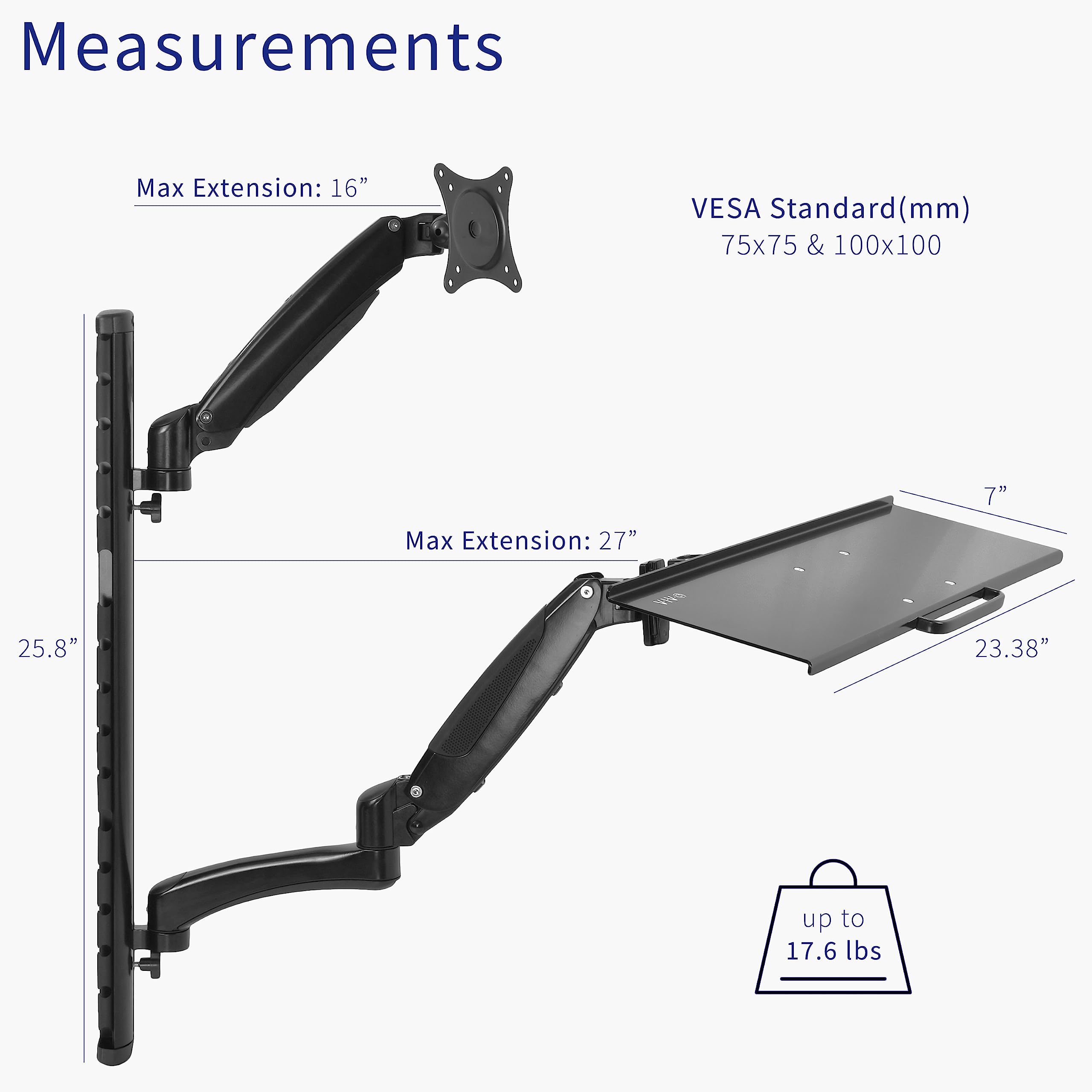 VIVO Black Sit-Stand Wall Mount Counterbalance Height Adjustable Monitor and Keyboard Workstation for Screens up to 27 inches STAND-SIT1K