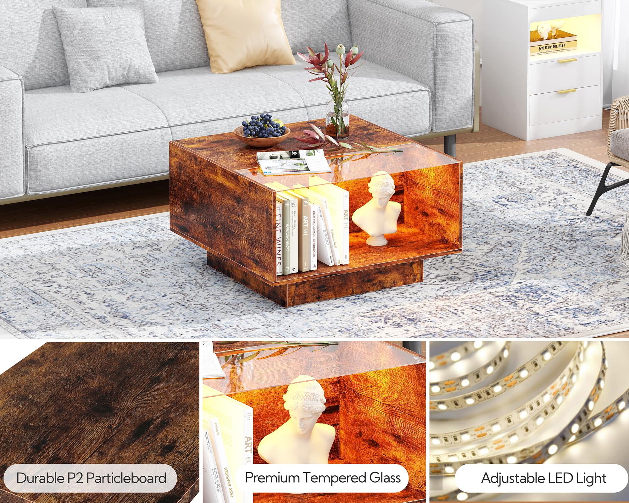 Yusong Modern Wood Coffee Table for Living Room, Retro Mid-Century Center Tables Cocktail Table with Storage Shelf for Reception, Rustic Brown