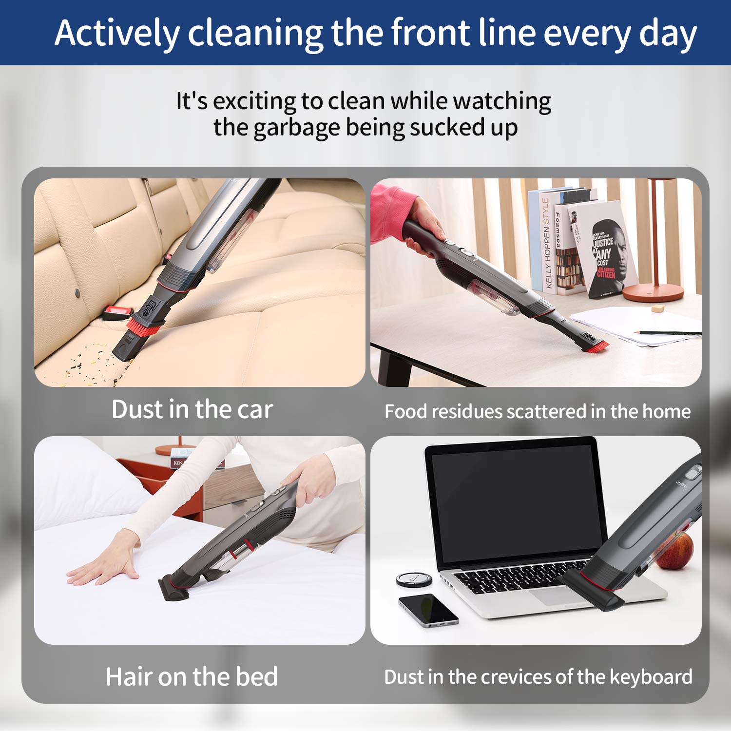 YANTU Handheld Vacuum Cleaner, Cordless Vacuum Cleaner with 14kpa Powerful Suction, Hand Vacuum, brushless Motor,Multi Brushes, Charging Dock for Home & Car use