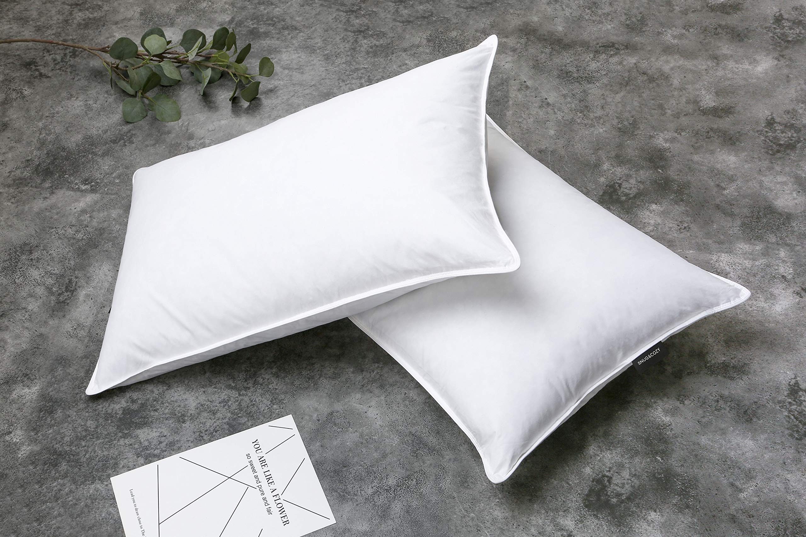 SNUG&COZY Grey Goose Feather Down Pillows for Sleeping(2 Pack)- Standard Size(20IN×26IN), Goose Feather&Down Filling, 100% Cotton Cover, 100% Down Proof, Machine Wash, White