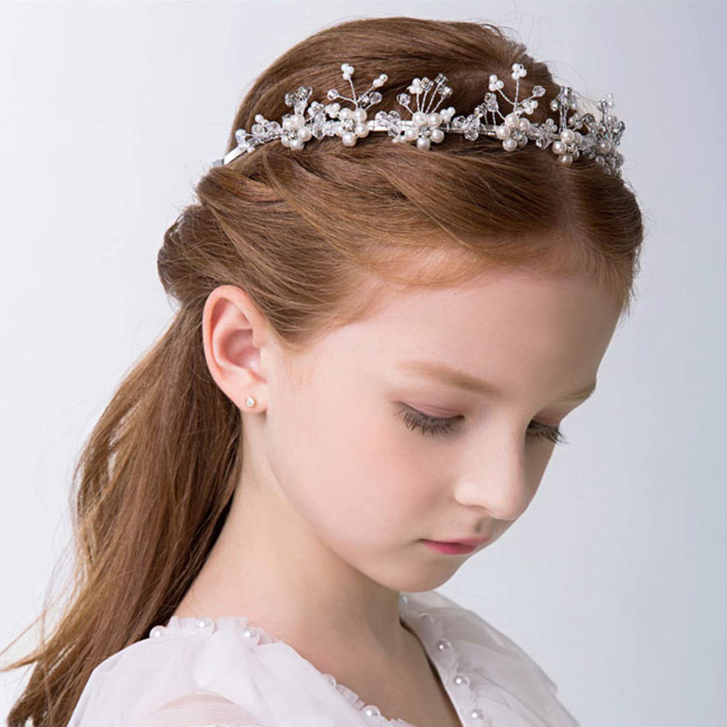 WILLBOND Flower Girl Headpiece - Princess Headband with Pearls for Wedding, First Communion, Hair Accessory