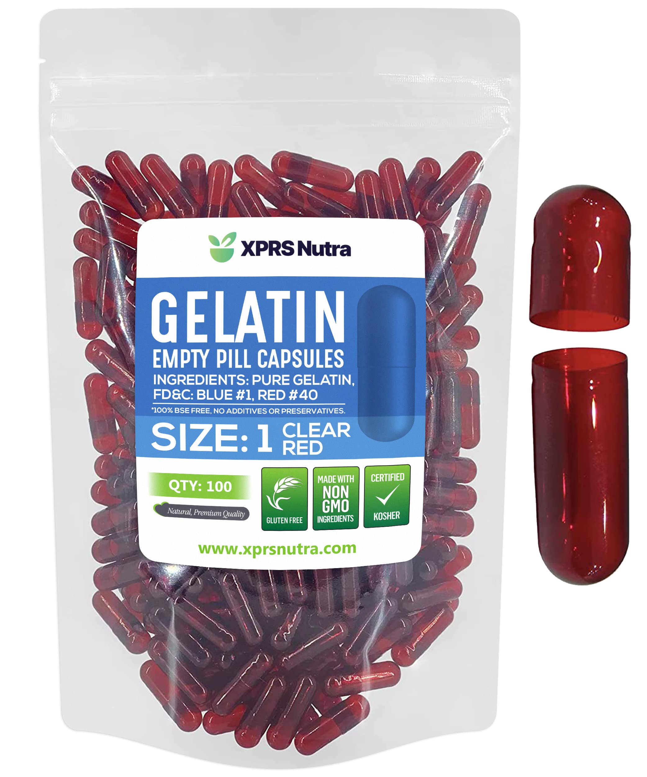 XPRS Nutra Size 1 Empty Capsules - Clear Red Colored Empty Gelatin Capsules - Empty Pill Capsules - DIY Supplement Capsule Filling - Fillable Color Gel Caps Pills (100 Count)