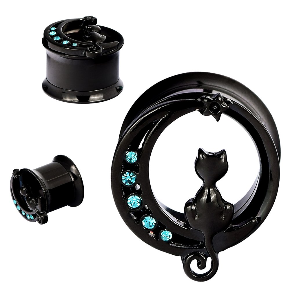 YOFANST Stainless Steel Black Cat on The Moon Ear Expander Piercing Tunnels Gauge 0g