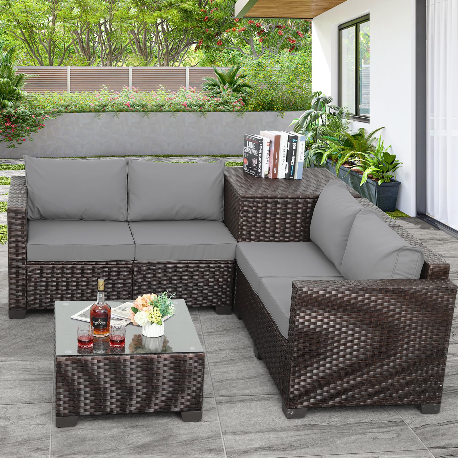 Valita Patio Furniture Set 4 Pieces Outdoor Brown Rattan Sectional Conversation Sofa Chair, Storage Box, Coffee Table,with No-Slip Cushions and Waterproof Covers, Grey