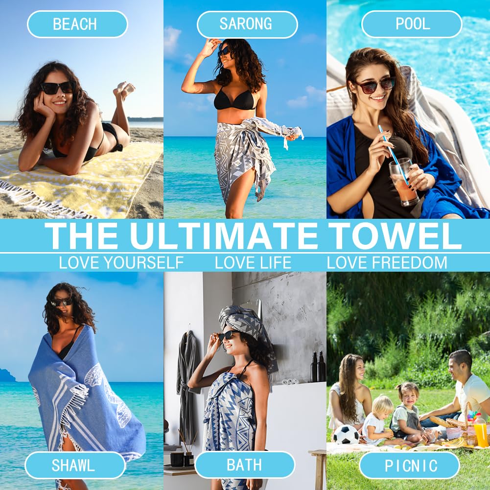 Turkish Beach Towel Quick Dry Absorbent 1OO% Cotton Lightweight Thin Bathroom Bath Pool Swim Towels Extra Large Oversized Sand Free Towel Beach Accessories Essentials Stuff Cloud Gift for Adults