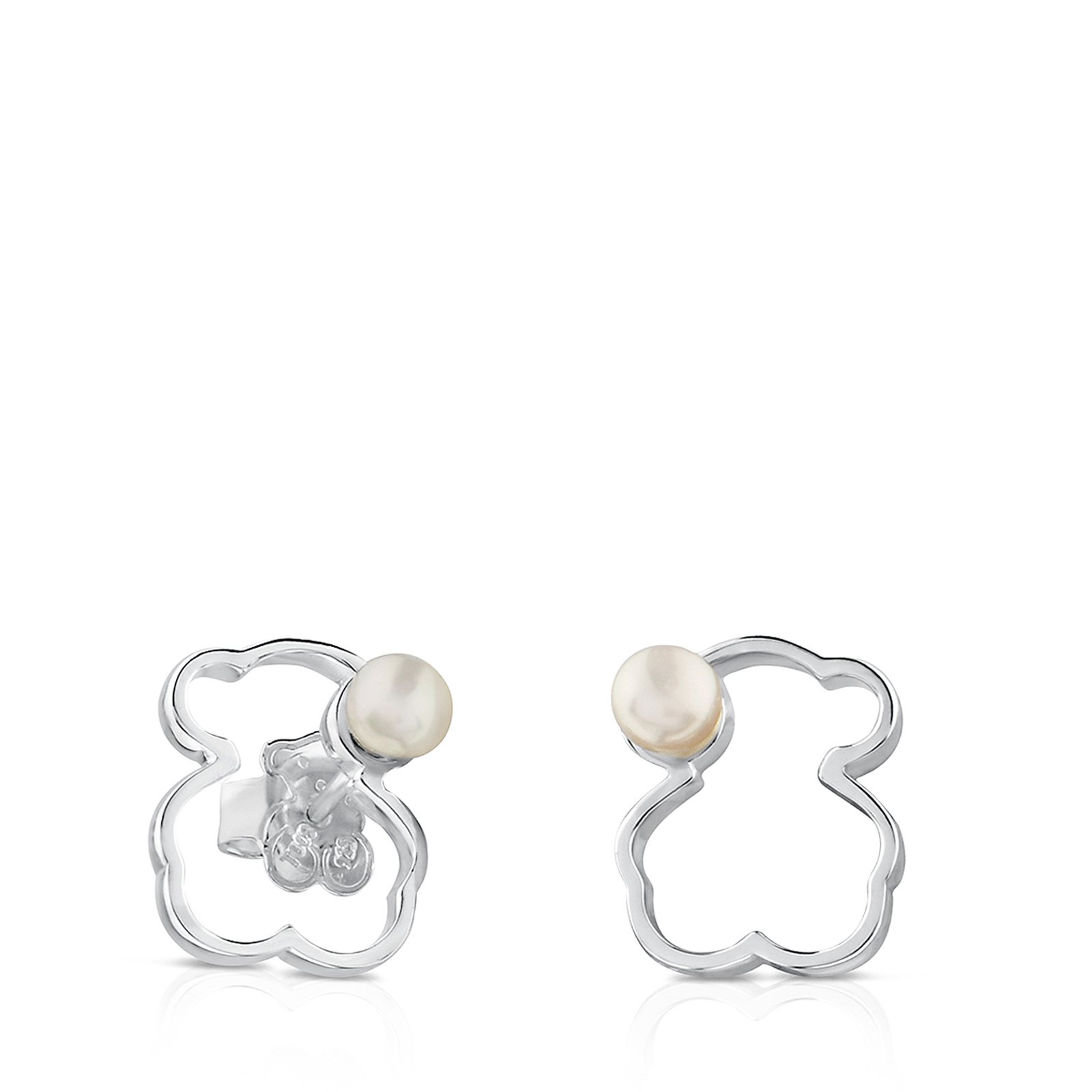TOUS Sterling Silver Earrings for Women with Pearl & Bear Motif, Size: 1.4 cm, Silueta Collection
