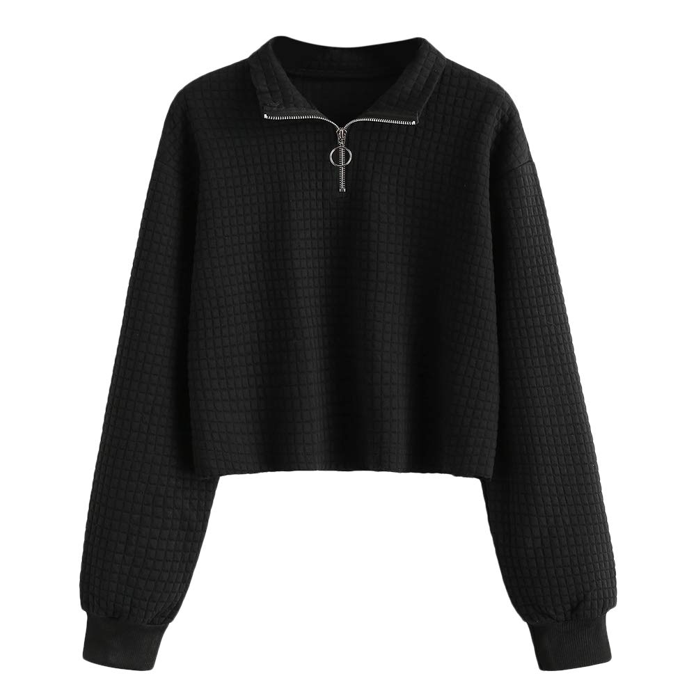 ZAFUL Women's Faux Fur Pullover Half Zip Long Sleeve Crop Sweatshirt Tops (X-Black, L)