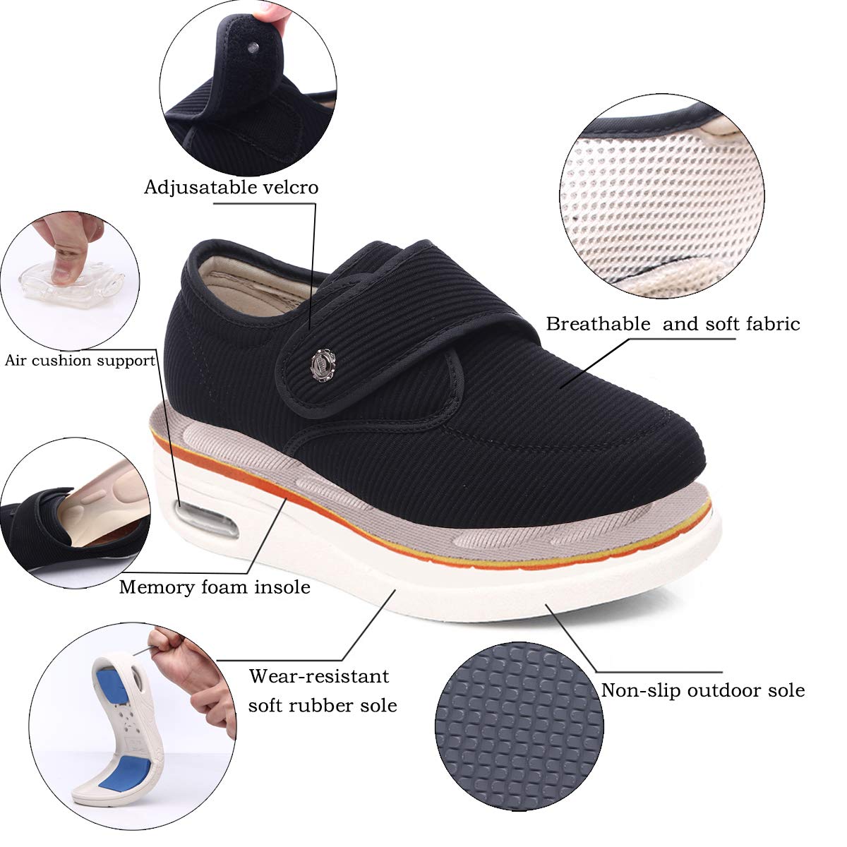 Women's Wide Shoes with Adjustable Strap Lightweight Walking Shoes for Elderly Mother Seniors Swollen Feet Plantar Fasciitis Black