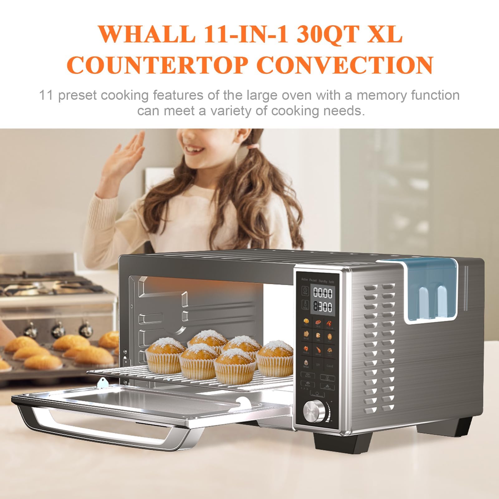 WHALL Toaster Oven Air Fryer, Max XL Large 30-Quart Smart Oven,11 function Toaster Oven Countertop with Steam Function,12-inch Pizza/1700W
