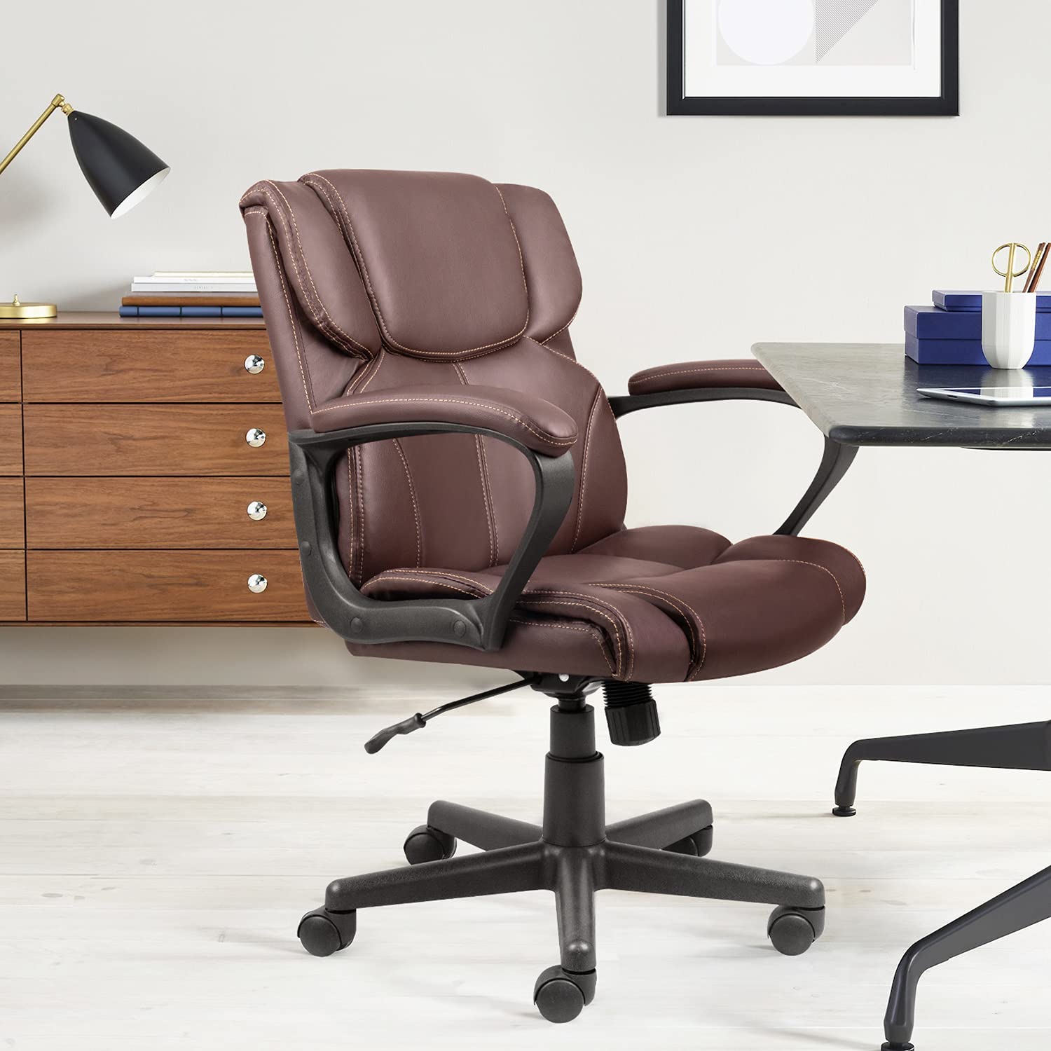 Tozey Executive Office Chair Mid Back Leather Desk Chair Ergonomic Task Chair with Padded Armrests Adjustable Swivel Chair with Lumber Support (Brown)