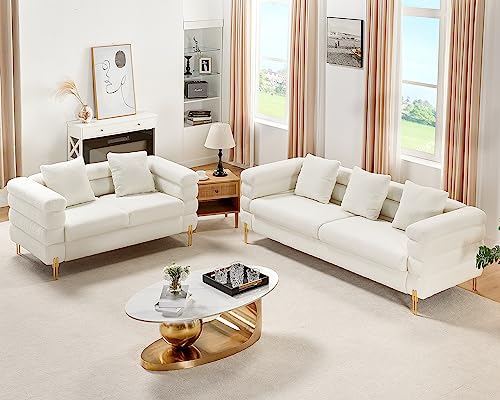 VanAcc Modern Sofa Couch, 2 Piece Set 24''Extra Deep Seat Sectional Sofa for Living Room, 85 inch Oversized Sofa, 3 Seat Sofa, Loveseat, White