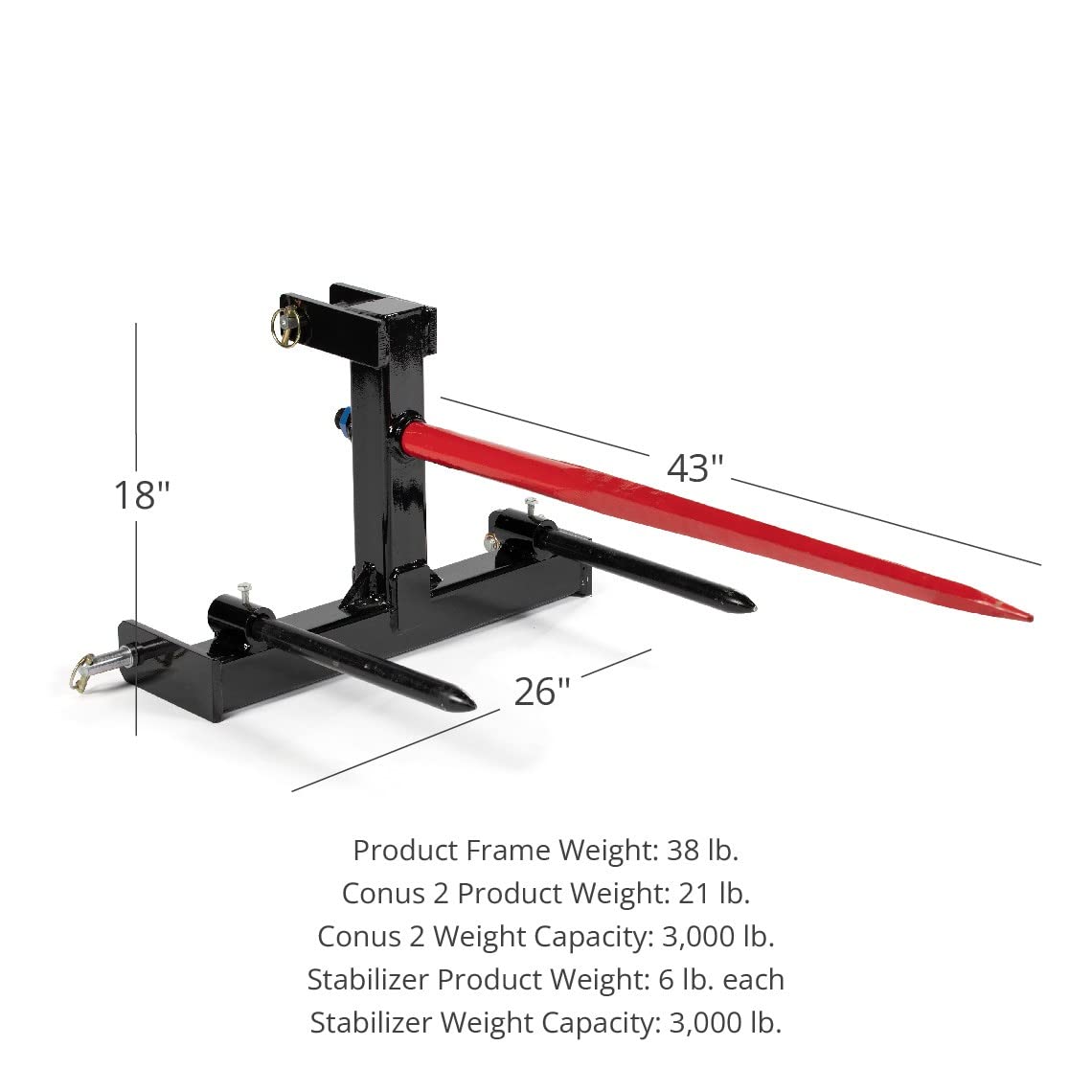 Titan Attachments Black Category 1 Tractor 3 Point Attachment w/43-in Hay Spear & 2 17-in Stabilizers