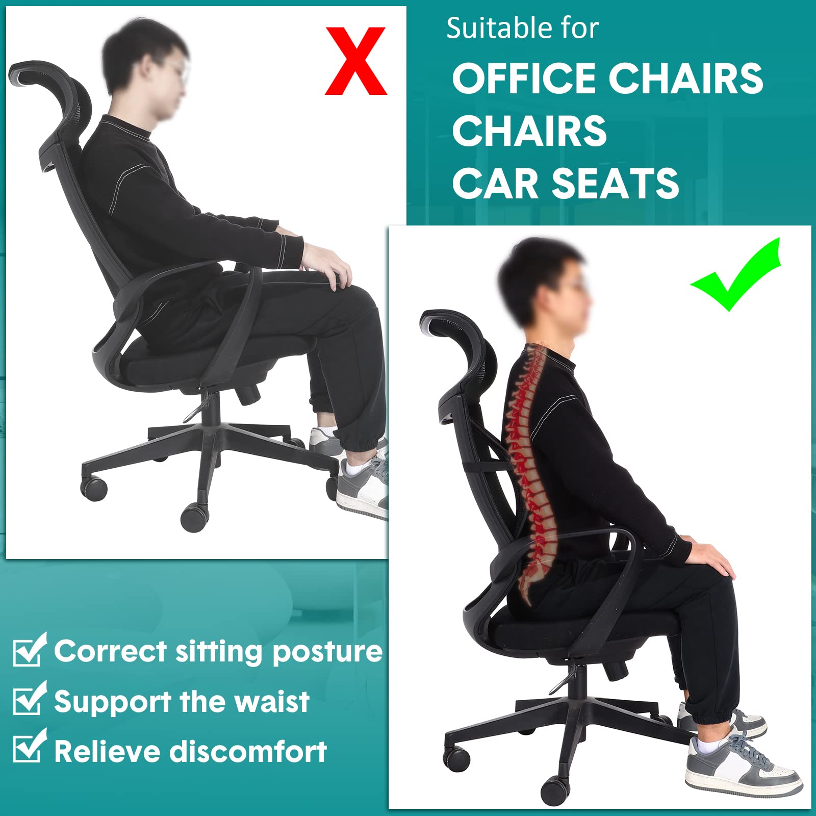 Wesiti 4 Pieces Mesh Lumbar Support for Car Seat with Breathable Mesh and Adjustable Straps Back Lumbar Support for Car Office Chair, 15'' x 16''