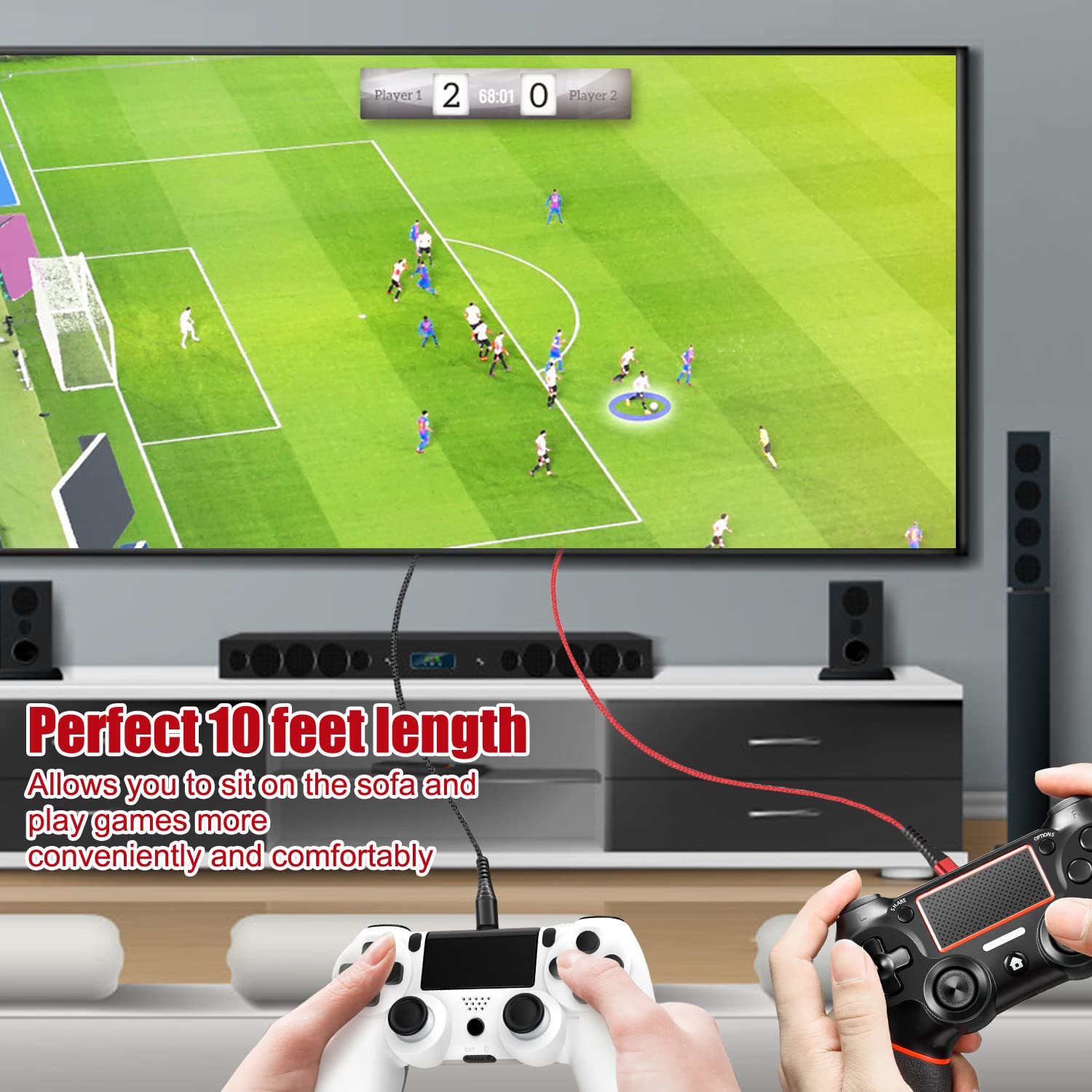 XUANMEIKE PS4 Controller Charger Charging Cable, 2 Packs of 10 Feet Long Nylon 3A Charging Cable, Suitable for Playstation 4, PS4 Slim/Pro, Xbox One S/X Controller, Android Phone (Black & Red)