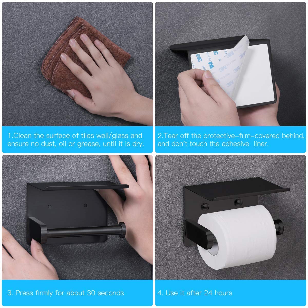 VAEHOLD Self Adhesive Toilet Paper Holder with Phone Shelf Stainless Steel Wall Mounted Toilet Paper Roll Holder - Rustproof and Bathroom Washroom Tissue Roll Holder with Shelf - Black