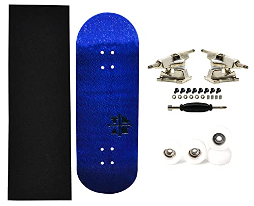 Teak Tuning Prolific Complete Fingerboard - Pro Board Shape and Size, Bearing Wheels, and Trucks - 32mm x 97mm Handmade Wooden Board - Blue Blizzard Edition