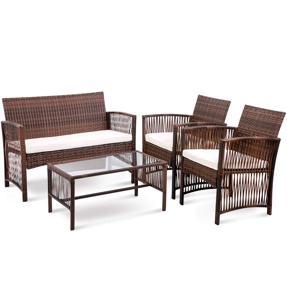 YYAO 4 PCs Outdoor Patio Rattan Furniture Conversation Sets PE Wicker Rattan Sofa Chair Cushioned Seat Furniture Set,Coffee Table with Tempered Glass Tabletop - Brown
