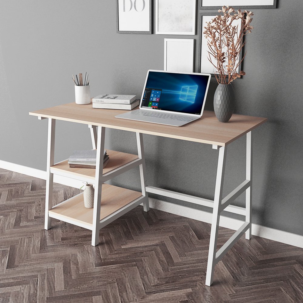 SogesPower 47 inch Computer Desk Desk with Storage Shelves Laptop Table PC Desk Ladder Desk for Home Office Student Writing Desk, White Maple, SPWK-Tplus-120MO
