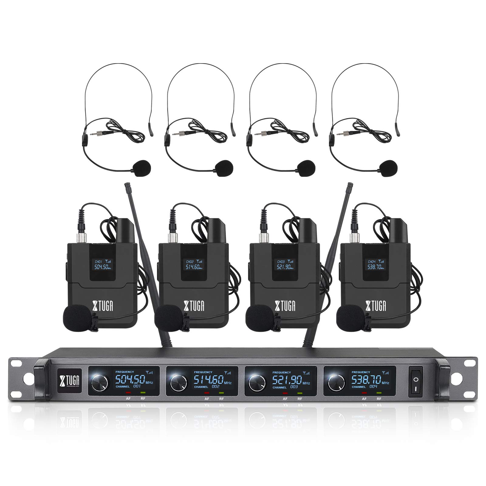 XTUGA A140 Wireless Microphone System, 4-Channel UHF Cordless Mic Set with Four Gooseneck Mics, All Metal Build, Fixed Frequency, Long Range 300ft, Ideal for Church,Karaoke (4 Gooseneck)