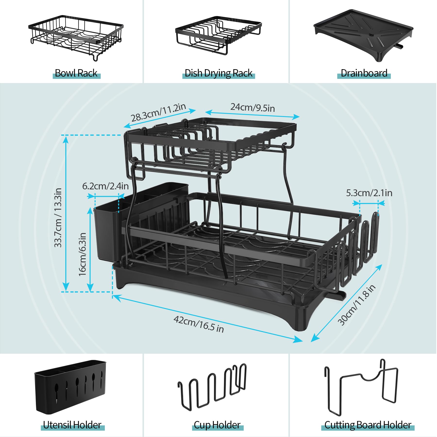 Yeepoo Dish Drying Rack 2 Tier for Kitchen Counter, Large Dish Rack Come with Utensil Holder, Cup Rack, Cutting Board Holder, Rustproof Stainless Steel Dish Drainer with Upgraded Drainboard