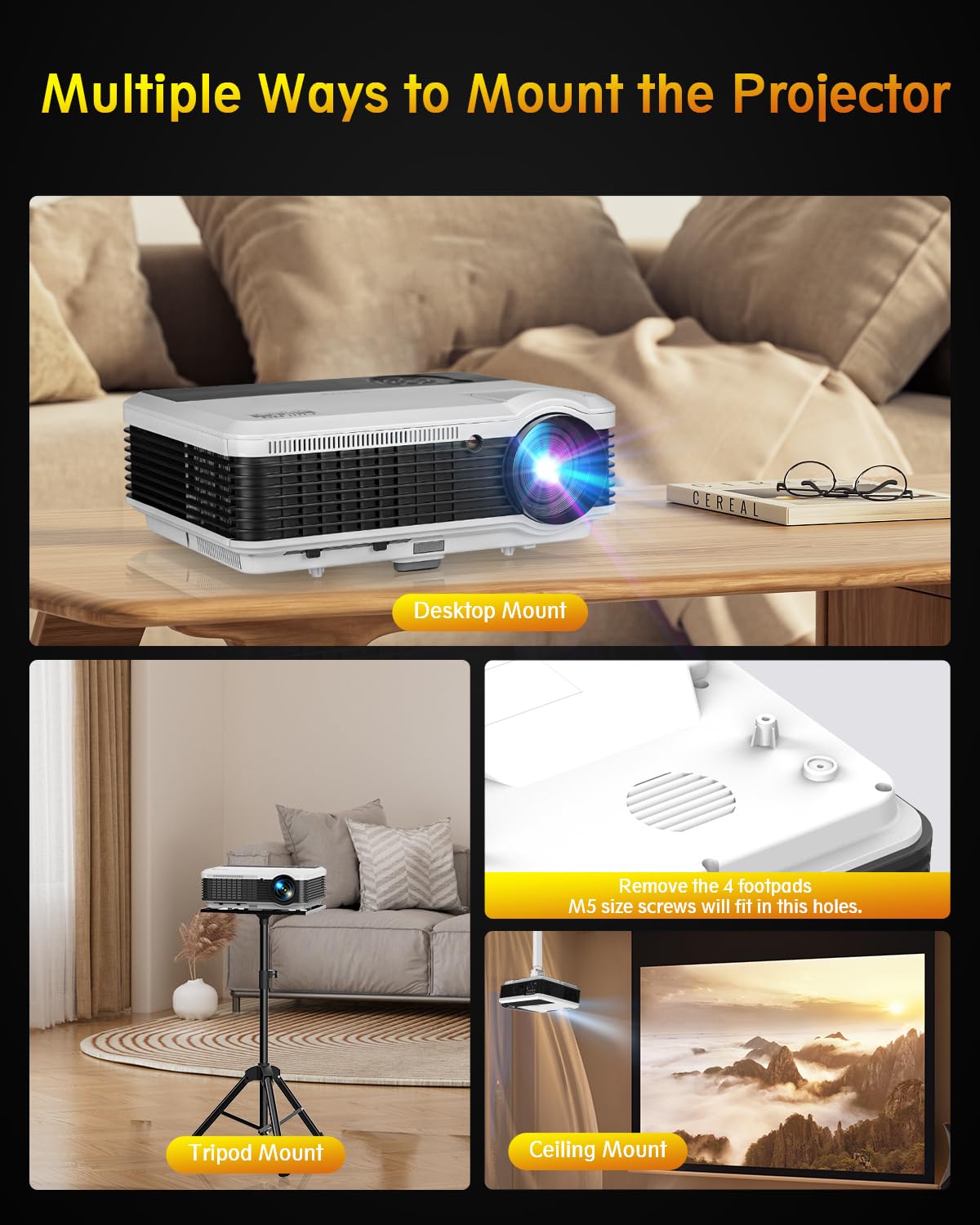 ZCGIOBN Mini 4K Projector Auto Focus Auto Keystone, Native 1080P Smart Projectors WiFi 6 and Bluetooth, Portable Movie Outdoor Projector Android OS for 5000+ Apps Netflix Prime Video, 2+16G Memory