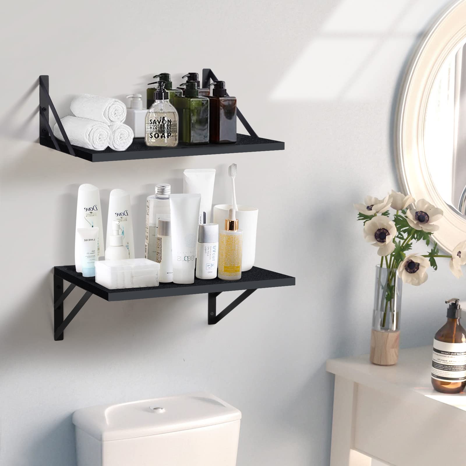 Tectocker-DOU 2 Pc Deep Floating Shelves ; 12 Inch Deep Wall Mounted Hanging Shelves for Living Room, Kitchen, Office, Bathroom and Bedroom Decor; Storage and Display Shelf Set (Black)