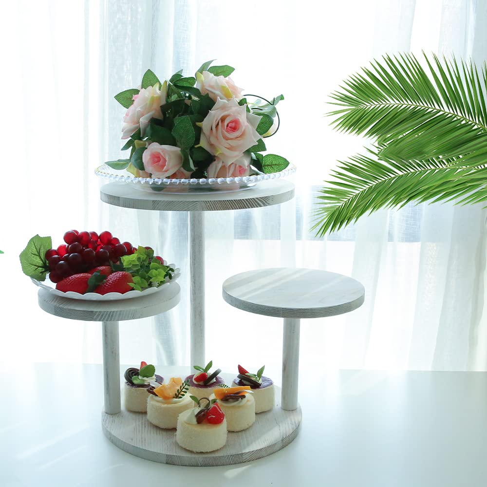 Wood Tiered Serving Trays, Wooden Display Stand Tiered Tray Stand Dessert Tray for Party, Round Serving 4 Tier Cupcake or Cake Tower Stand for Entertaining (Washed White)
