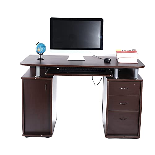 XYZTech 45 Inch Home & Office Computer Desk with 3 Drawers Writing Study Computer Table Workstation with Detachable Sliding Slide-Out Keyboard Tray Shelf (Brown)