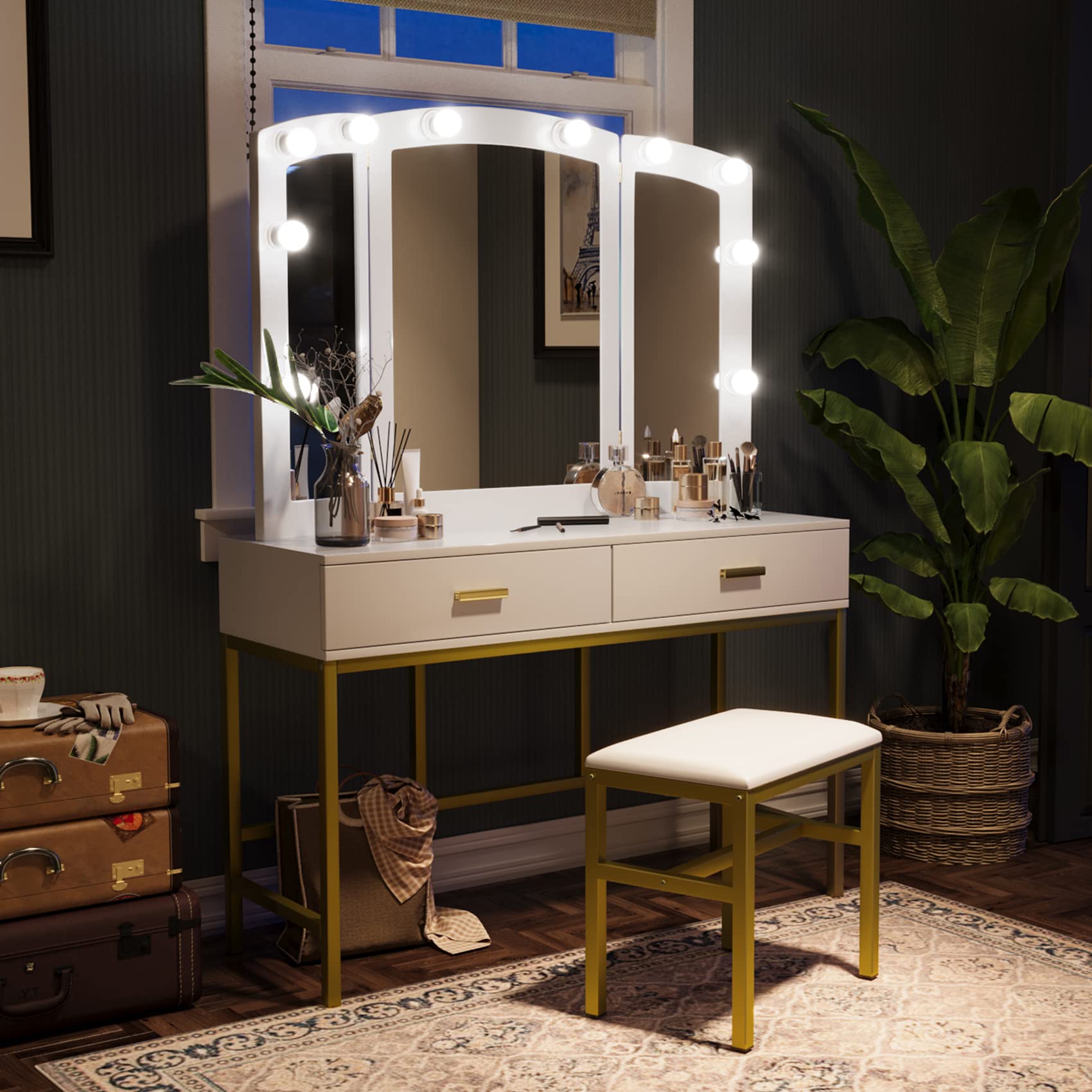 Semiocthome White Vanity Mirror with Lights and Table Set with 2 Drawers, 10 LED Lights Makeup Vanity Desk with Stool, Make Up Vanity Mirror lit with Gold Frame Dressing Table and Chair Upgrade-White
