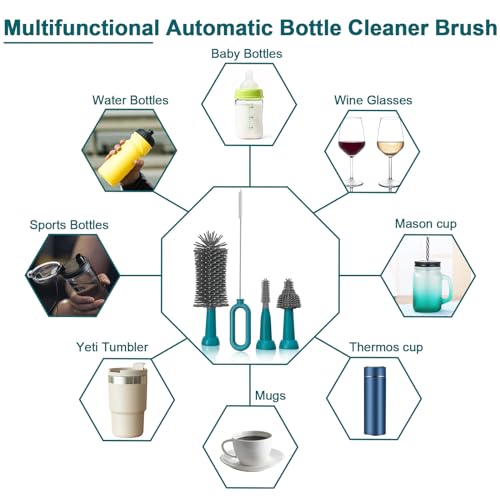WHNL Electric Bottle Brush Set, 360°Automatic Bottle Cleaner Brush with 3 Sizes Replaceable Silicone Bottle Brush and Straw Cleaner Brush,Extension Handle for Long Bottles.IPX65& Rechargeable (Green)