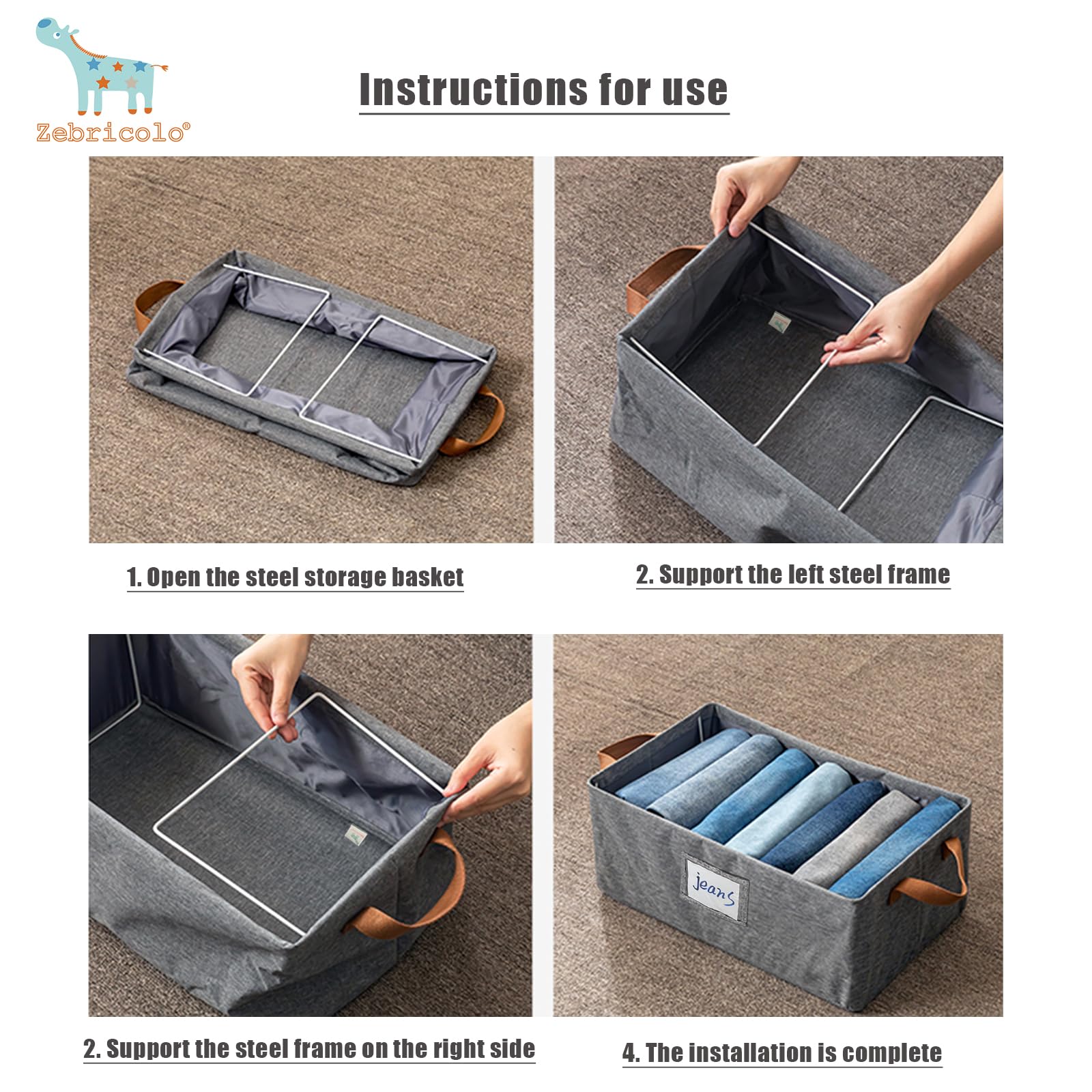 zebricolo 2-Pack | storage baskets for shelves | 16.6"| large storage baskets |2 with Double Label | closet baskets and bins for shelves | Big and deepl | rectangle storage basket |Grey