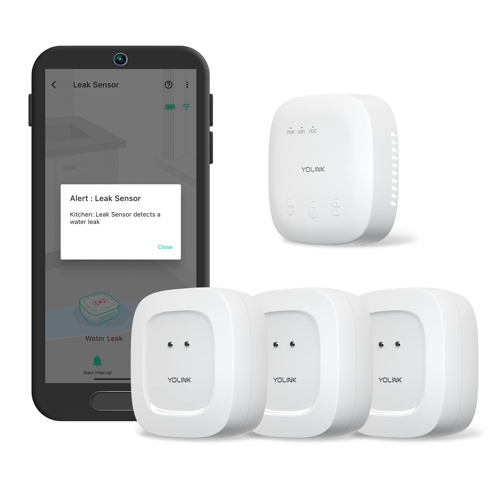 YoLink SpeakerHub & Three Water Leak Sensors Starter Kit β Plays Tones/Sounds, Spoken Messages, LoRa-Powered ΒΌ Mile Range, App Alert, Emails, SMS/Text, IFTTT