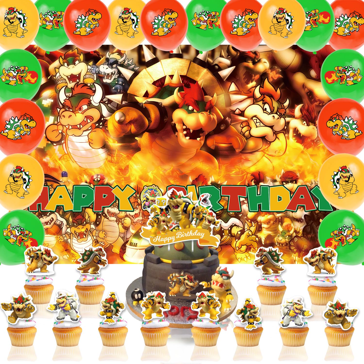 SELPONT day Party Supplies, Mario Bowser Birthday Party Decorations, Include Balloons,Cake Toppers,Cupcake Toppers,5x3Ft Backdrop,Bowser Party FavorsQ