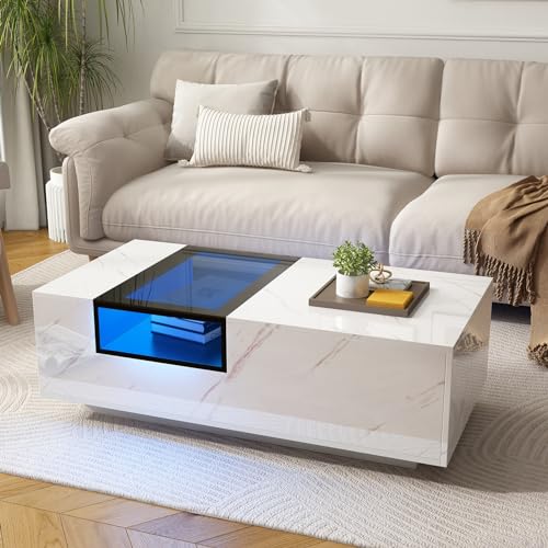Uspeedy 47.3IN LED Coffee Table, White Coffee Table for Living Room,High Gloss Modern Coffee Table with APP Control, Large Coffee Table with Marbling Print(Marbling)