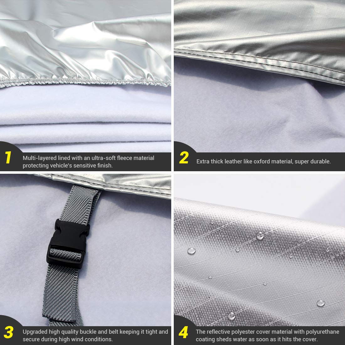Tecoom Heavy Duty Multiple Layers Car Cover All Weather Waterproof Windproof Reflective Snow Sun Rain Protective Outdoor with Buckles and Belt Fit 191-200 Inches Sedan